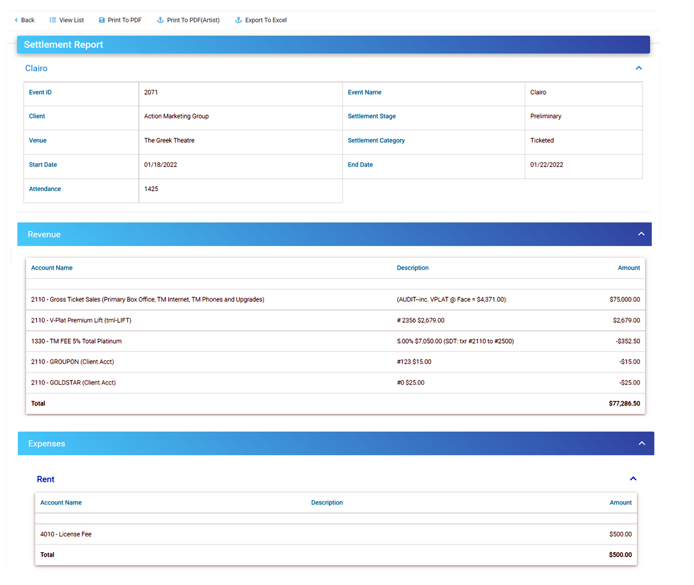 Event & Theatre Performance Settlement By VenueArc